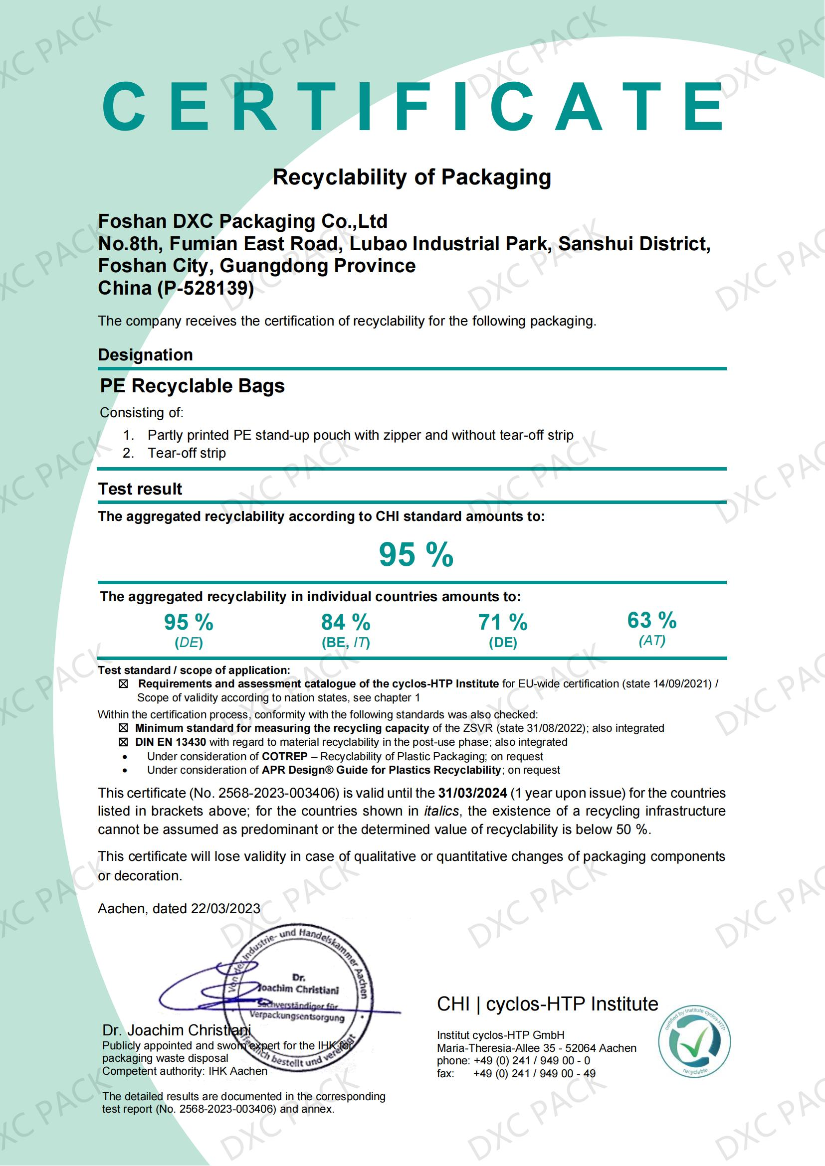 Certificates - DXC PACK: Custom Flexible Packaging Manufacturer since 2005